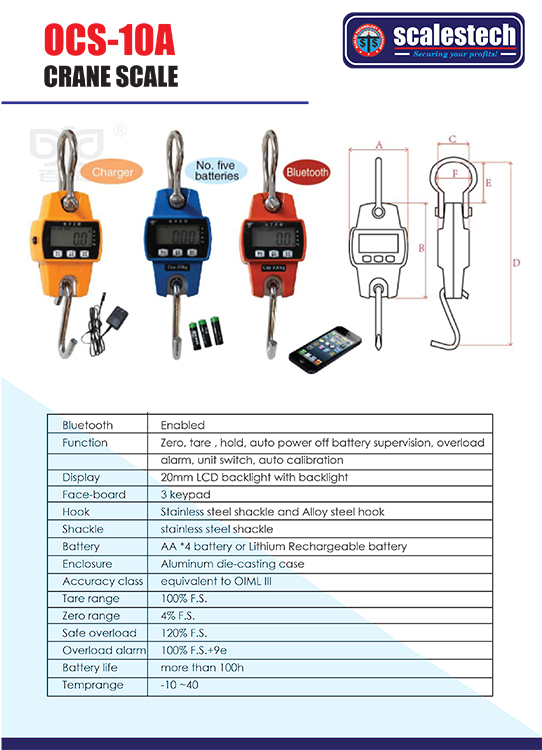 OCS-10A Bluetooth Crane Scale – Portable Hanging Mini Crane Scale